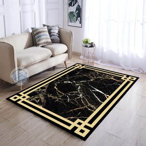 Black and Gold Marble Area Rug, for Living Room, Medusa Carpet, Greek ...