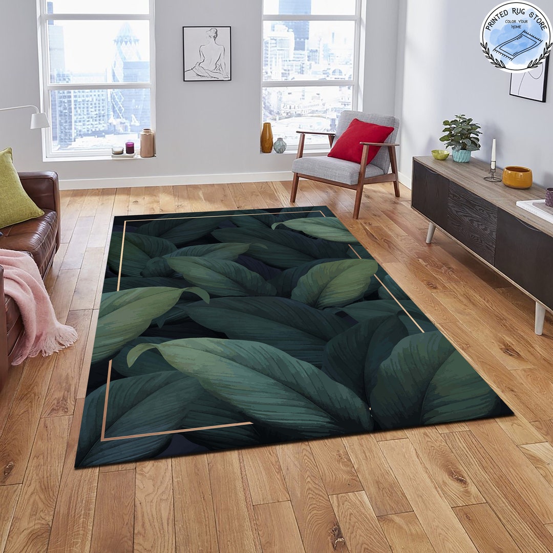Green and Gold Leaf Patterned Modern Rug, Bedroom Bedside Luxury Rug ...
