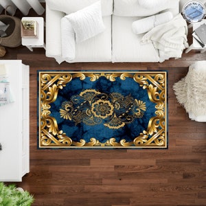 Blue and Gold Oriental Rug, Damask Floral Carpet - Etsy