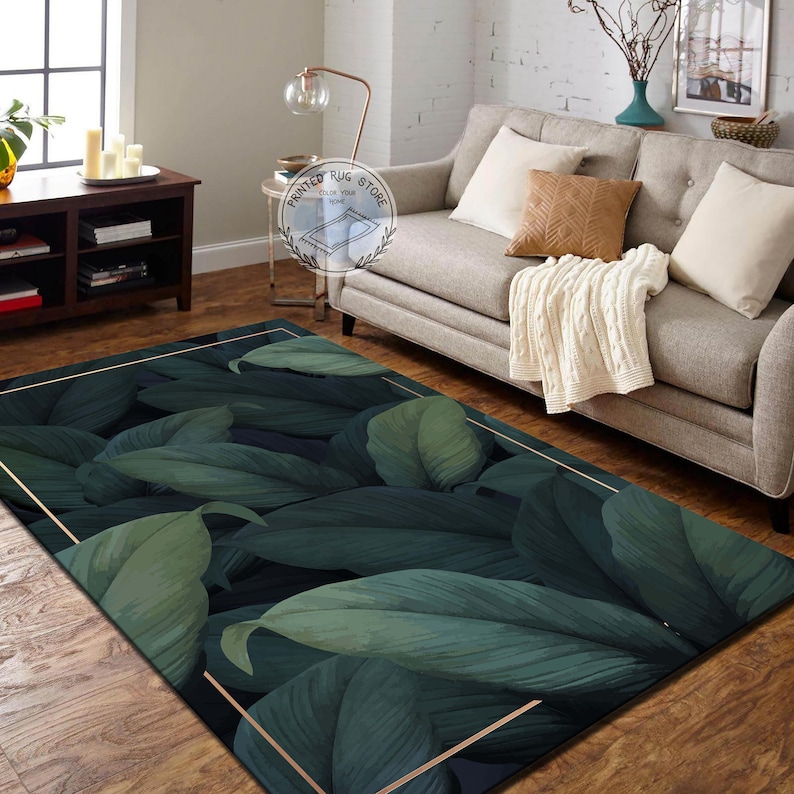 Green and Gold Leaf Patterned Modern Rug Bedroom Bedside - Etsy