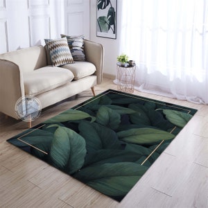 Green and Gold Leaf Patterned Modern Rug, Bedroom Bedside Luxury Rug ...