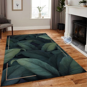 Green and Gold Leaf Patterned Modern Rug, Bedroom Bedside Luxury Rug ...