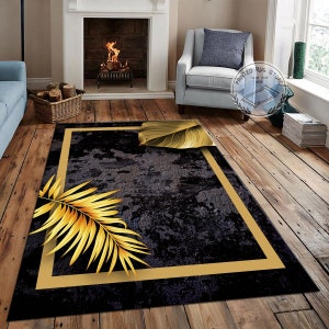 Black and Gold Leaf Patterned Modern Rug, Bedroom Bedside Luxury Rug ...