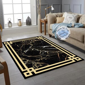 Black and Gold Marble Area Rug, for Living Room, Medusa Carpet, Greek ...