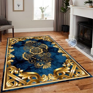 Blue and Gold Oriental Pattern Rug, Damask Design Modern Rug, Ethnic ...
