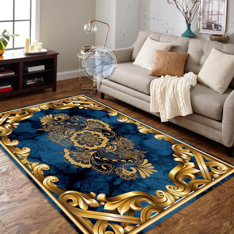Blue and Gold Oriental Rug, Damask Floral Carpet - Etsy