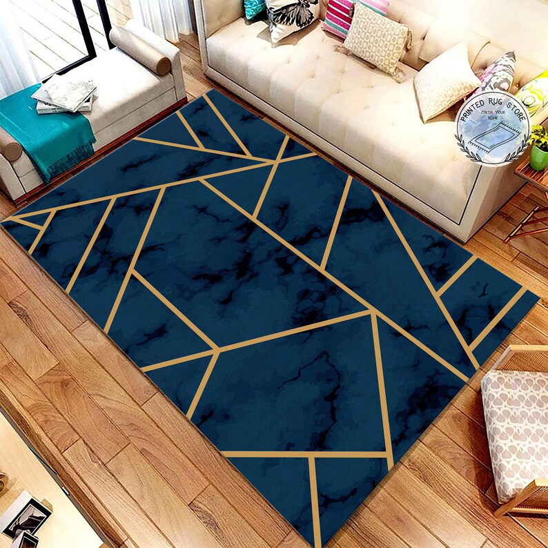 Blue and Gold Marble Textured Rug, Marble Design Modern Rug, Home Decor ...