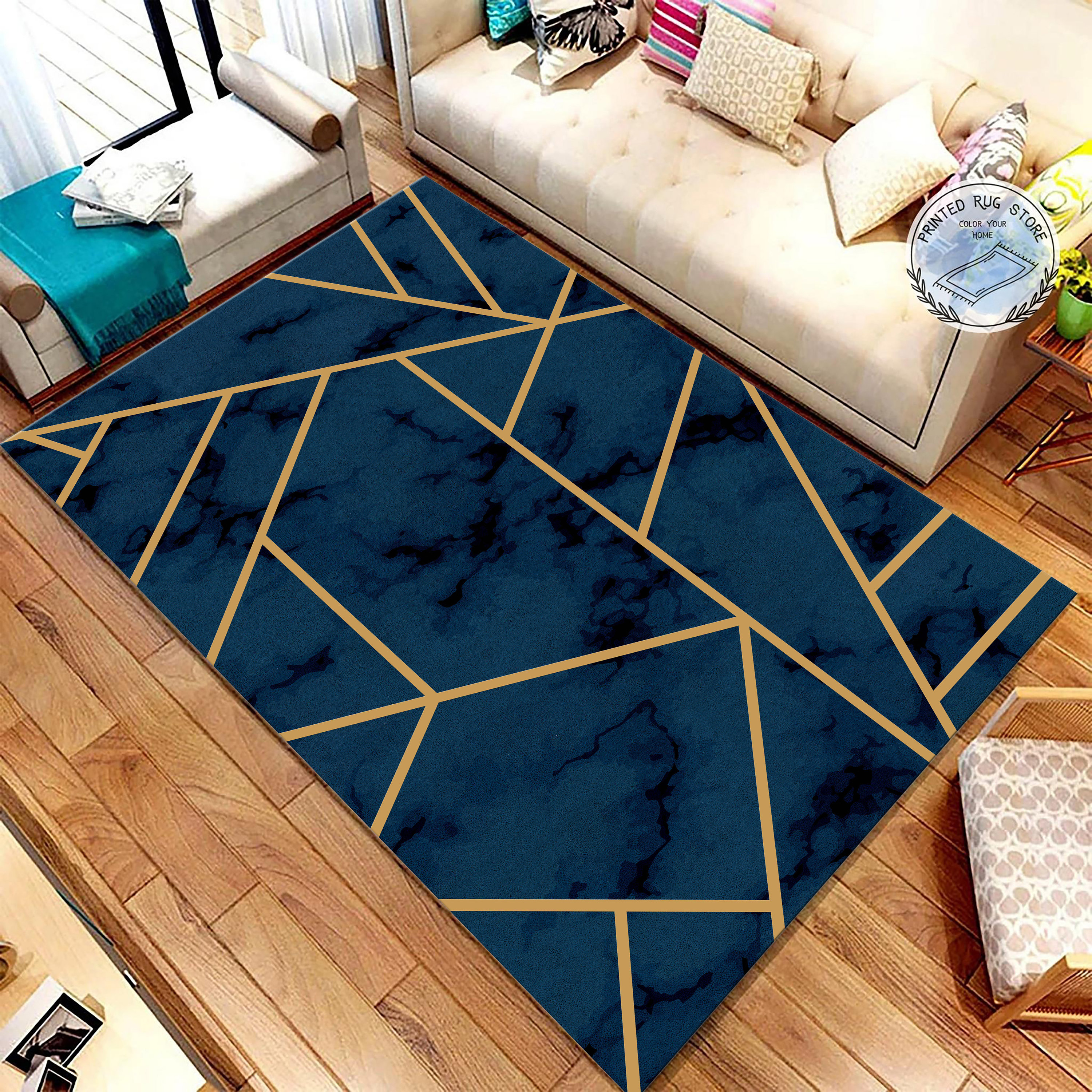 Blue and Gold Marble Textured Rug, Marble Design Modern Rug, Home Decor ...