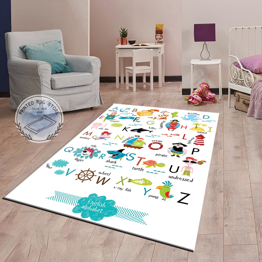 Alphabet Patterned Kids Rug, Personalised Soft Nursery Carpet, Washable ...