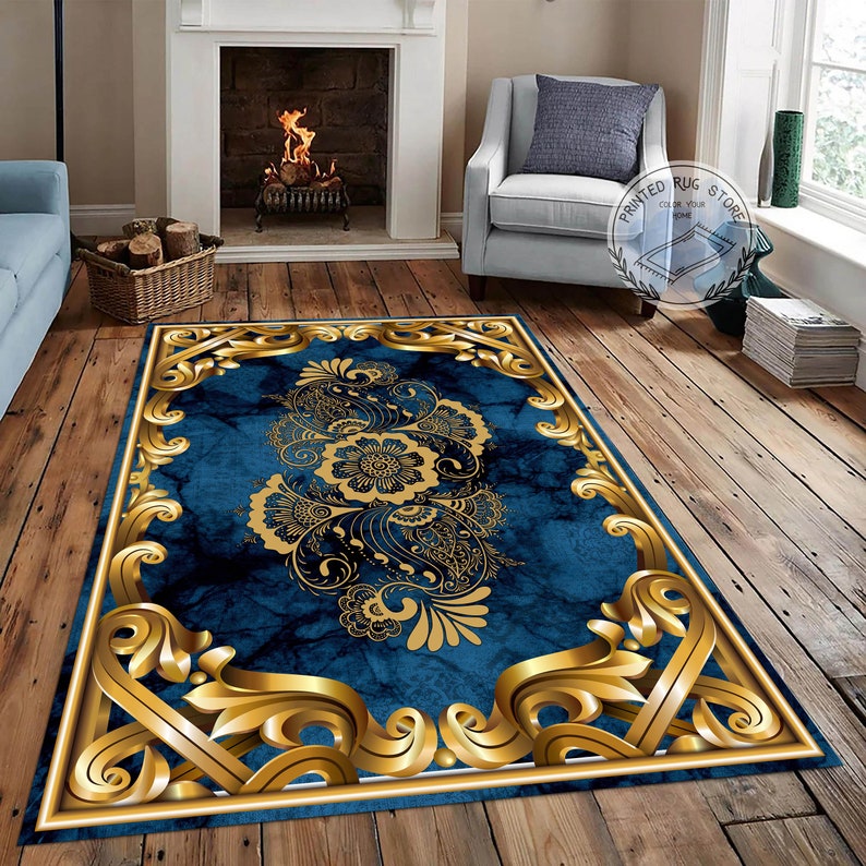 Blue and Gold Oriental Pattern Rug, Damask Design Modern Rug, Ethnic ...