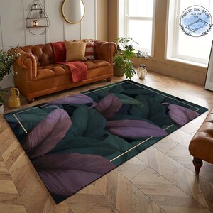 Purple and Green Leaf Patterned Modern Rug, Bedroom Bedside Luxury Rug ...