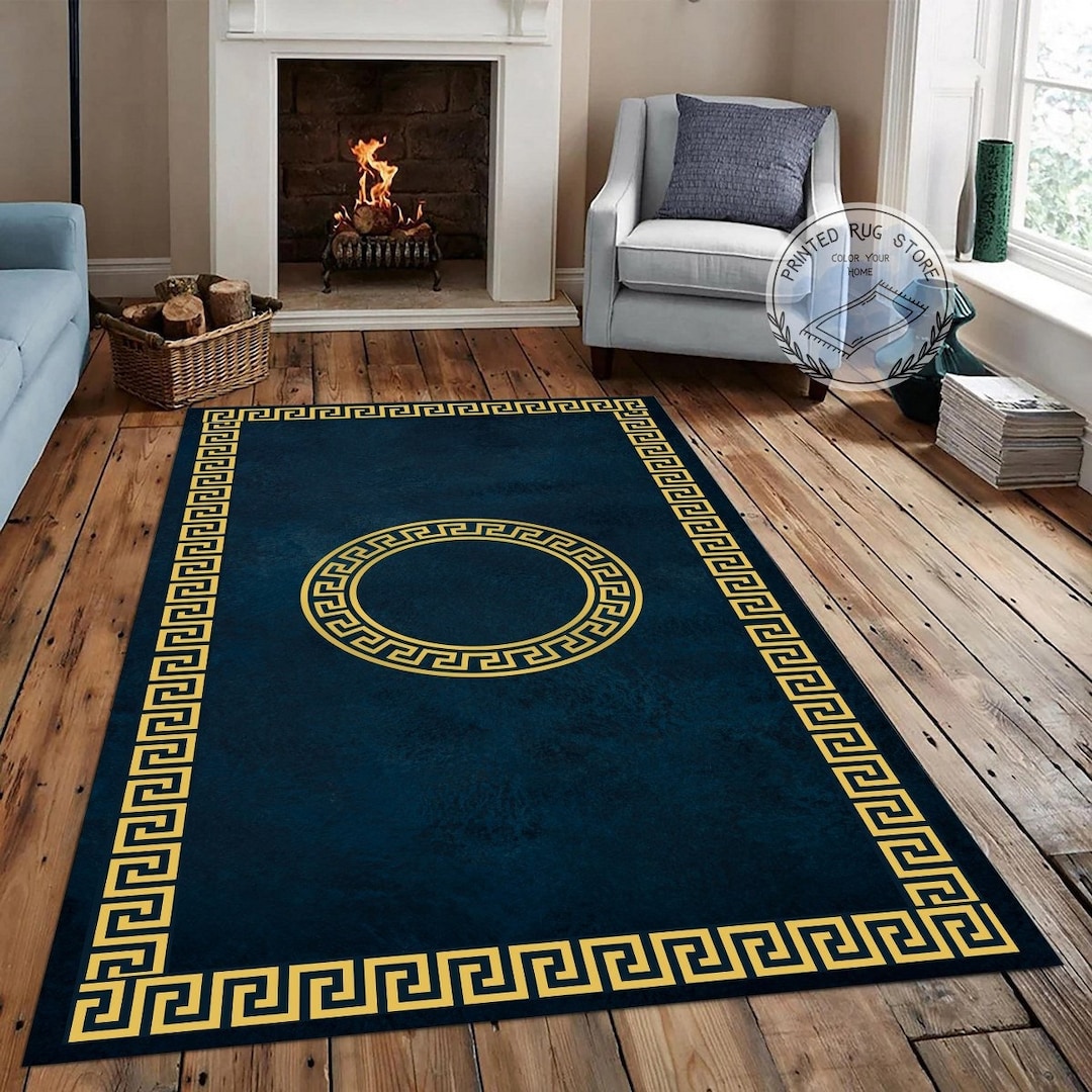 Blue and Gold Ancient Greek Wave Rug, Greek Mythology, Modern Rug ...