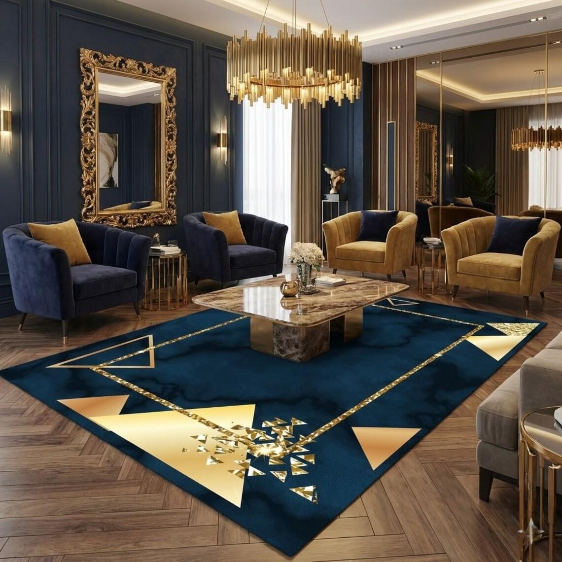 Blue and Gold Marble Rug, Geometric Modern Area Rug - Etsy
