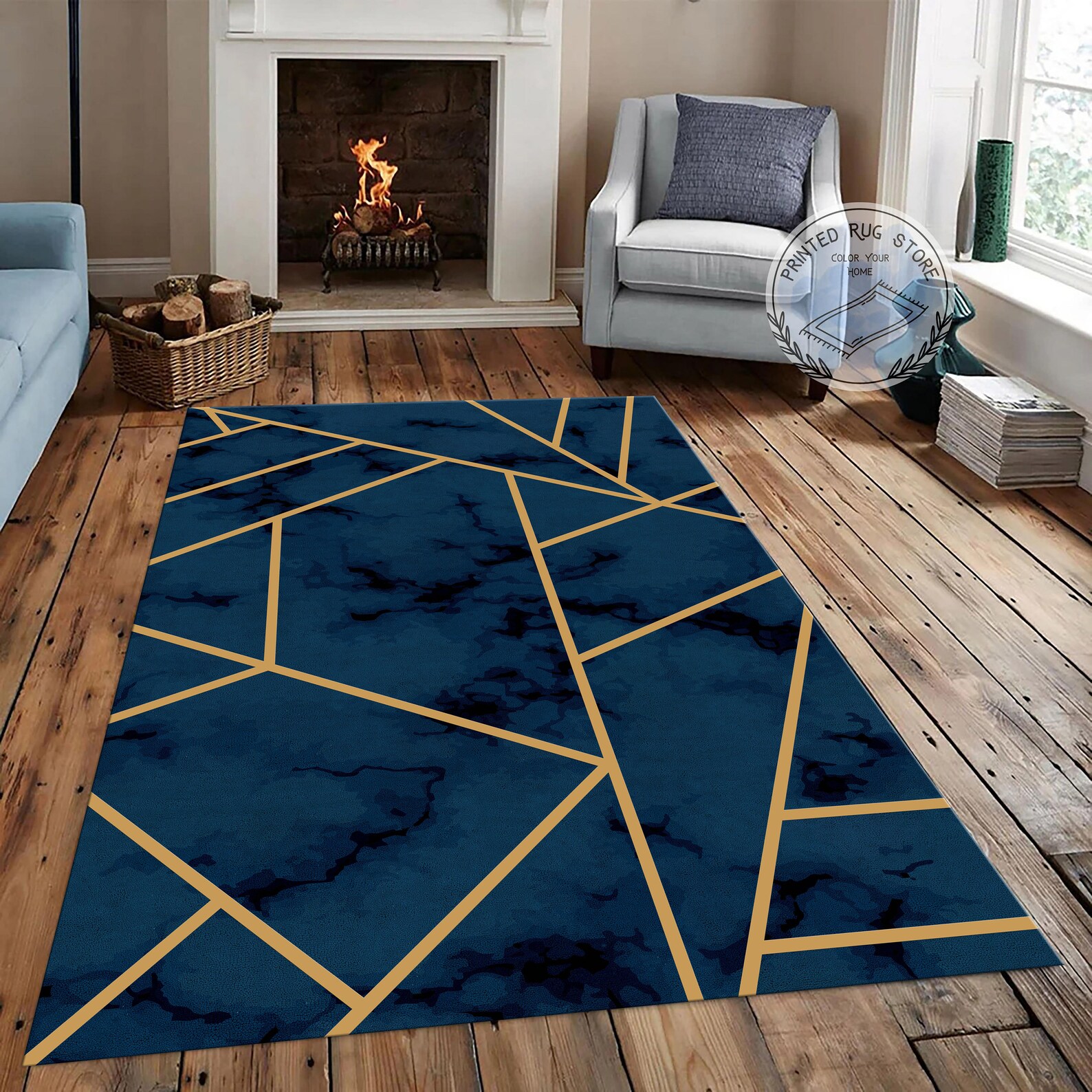 Blue and Gold Marble Rug, Modern Geometric Area Rug, Washable - Etsy UK