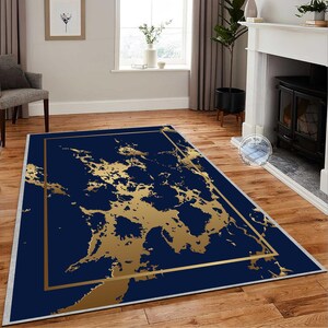 Blue and Gold Plain Rug, Modern Rug, Home Decor, Living Room Rug, Area ...