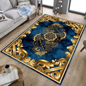 Blue and Gold Oriental Pattern Rug, Damask Design Modern Rug, Ethnic ...