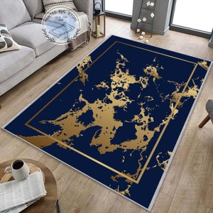 Blue and Gold Plain Rug, Modern Rug, Home Decor, Living Room Rug, Area ...