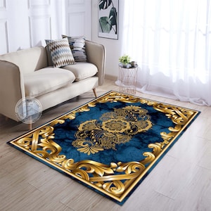 Blue and Gold Oriental Pattern Rug, Damask Design Modern Rug, Ethnic ...