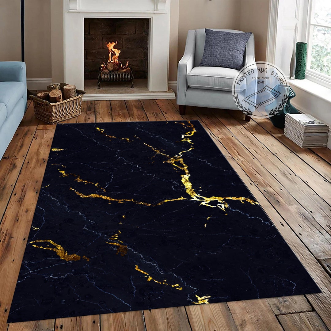 Marble Pattern Rug, Black and Gold Marble Texture Rug, Decorative Floor ...