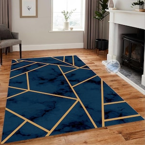 Blue and Gold Marble Textured Rug, Marble Design Modern Rug, Home Decor ...