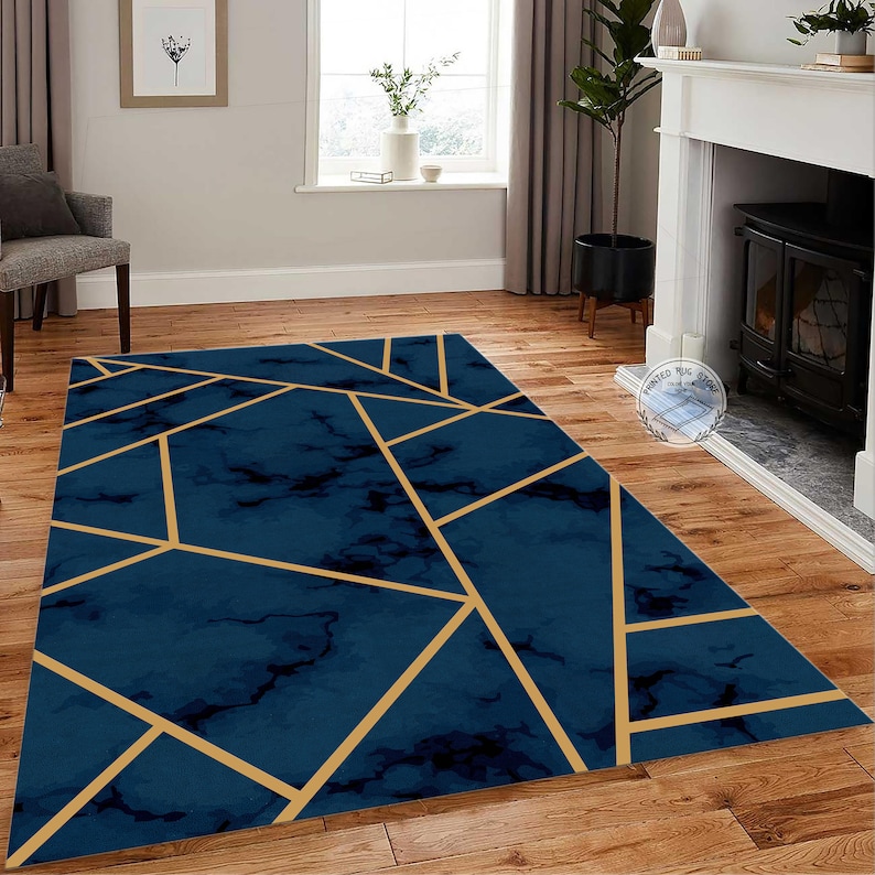 Blue and Gold Marble Rug, Modern Geometric Area Rug, Washable - Etsy UK