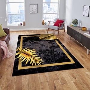 Black and Gold Leaf Patterned Modern Rug, Bedroom Bedside Luxury Rug ...