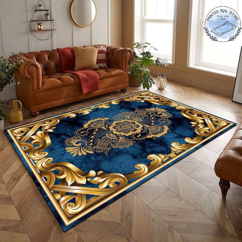 Blue and Gold Oriental Pattern Rug, Damask Design Modern Rug, Ethnic ...