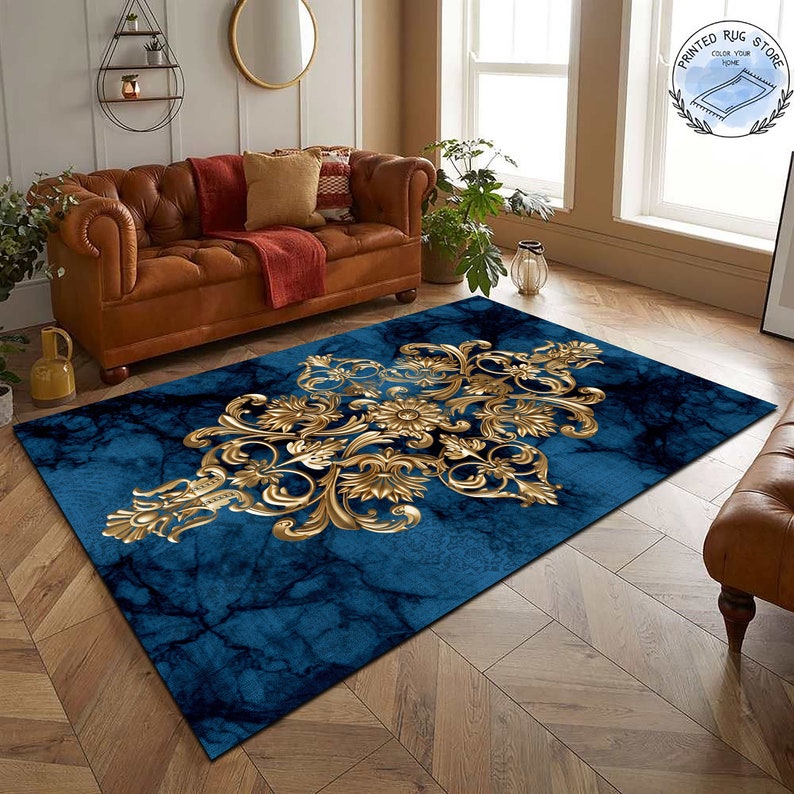 Blue and Gold Damask Rug Ethnic Design Floral Carpet - Etsy
