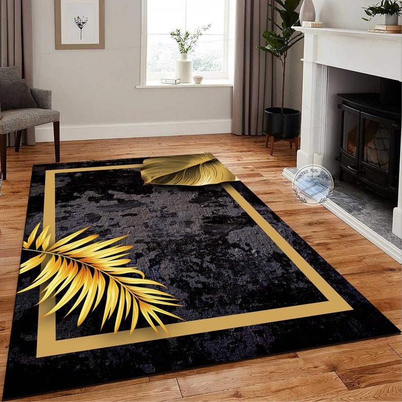 Black and Gold Leaf Patterned Modern Rug Bedroom Bedside - Etsy