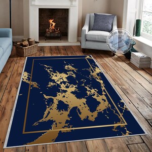 Blue and Gold Plain Rug, Modern Rug, Home Decor, Living Room Rug, Area ...