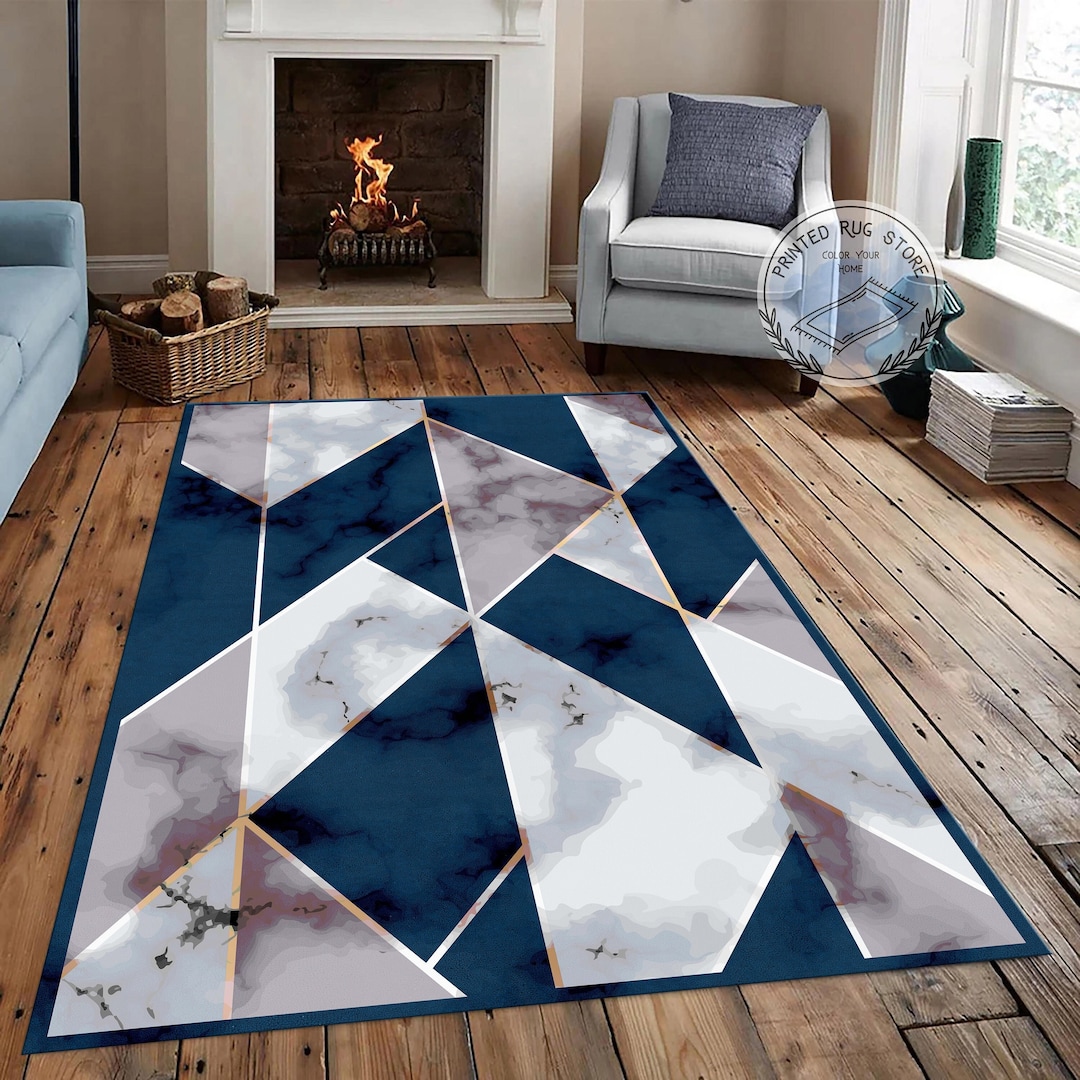 Blue and White Marble Area Rug for Living Room Geometric - Etsy