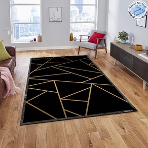 Black and Gold Modern Rug, Luxury Area Rug, Home Decor, Living Room Rug ...
