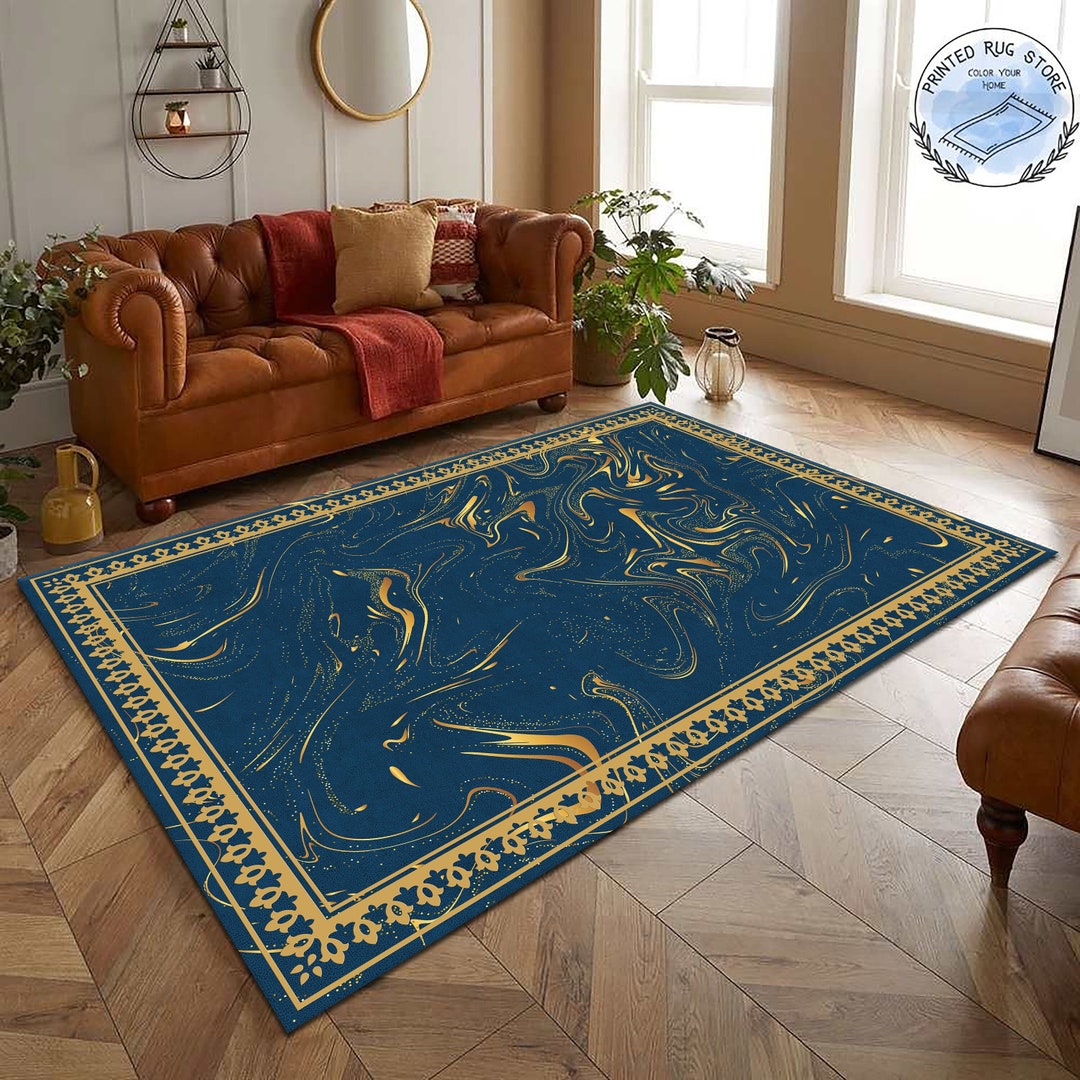 Blue and Gold Abstract Style Rug, Style Abstract Art Rug, Blue and Gold ...