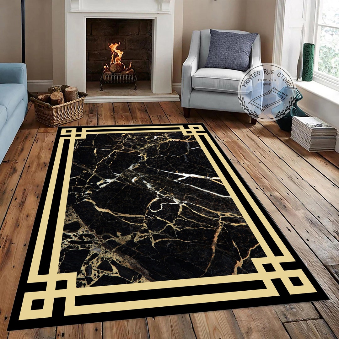Black and Gold Marble Area Rug, for Living Room, Medusa Carpet, Greek ...