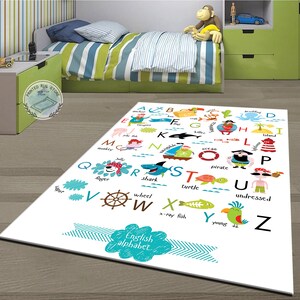 Alphabet Patterned Kids Rug, Personalised Soft Nursery Carpet, Washable ...