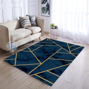 Blue and Gold Marble Rug, Modern Geometric Area Rug, Washable - Etsy