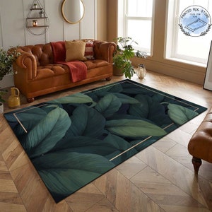 Green and Gold Leaf Patterned Modern Rug, Bedroom Bedside Luxury Rug ...