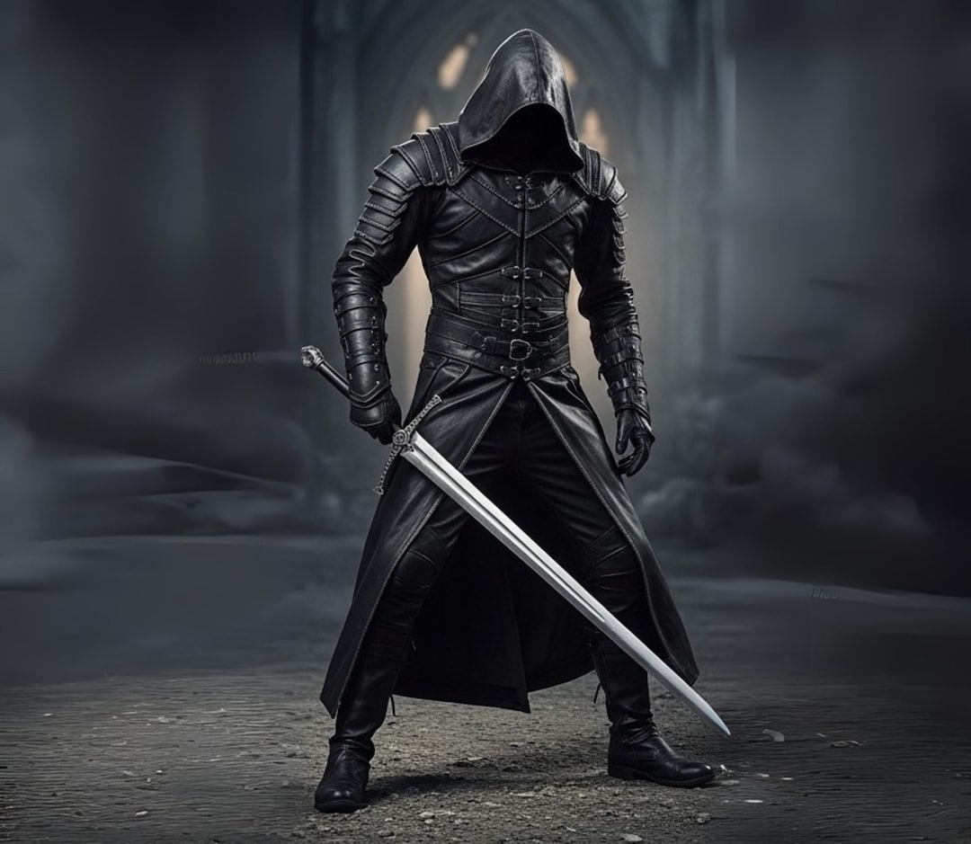 Black Leather Hooded Coat & Pants | Gothic Assassin Cosplay Costume ...