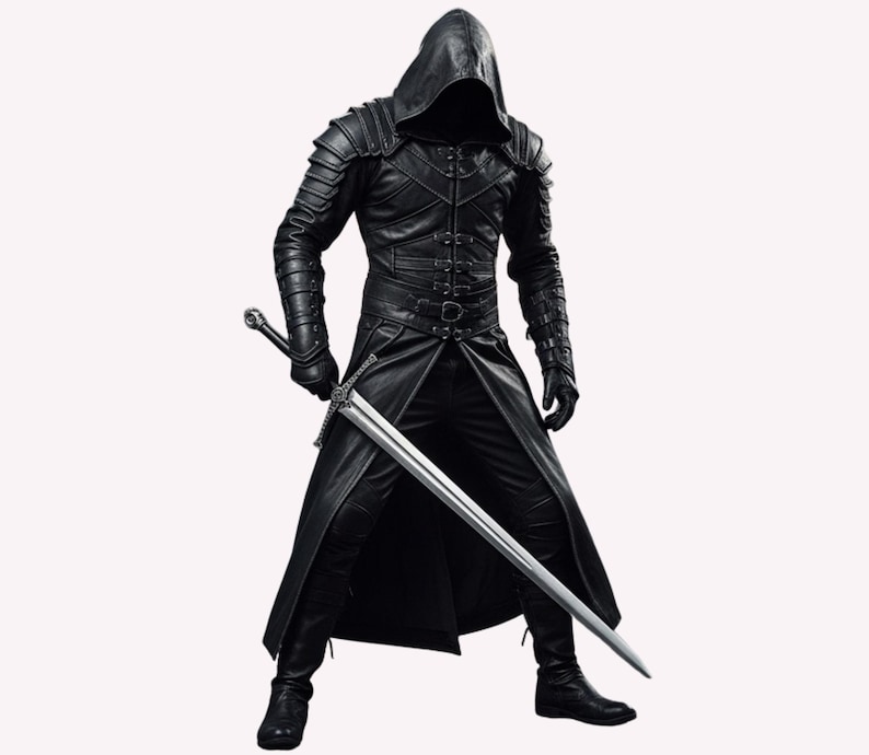 Black Leather Hooded Coat & Pants | Gothic Assassin Cosplay Costume ...