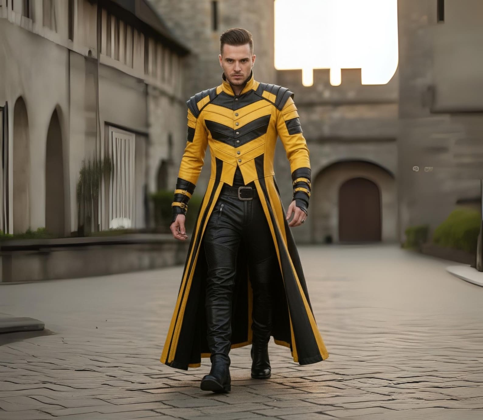 Genuine Leather Gothic Costume | Black and Yellow Warrior Coat, Pants ...