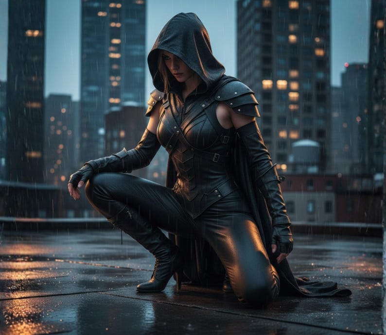 Women’s Black Leather Assassin Costume With Hooded Cape, Vest, Pants ...
