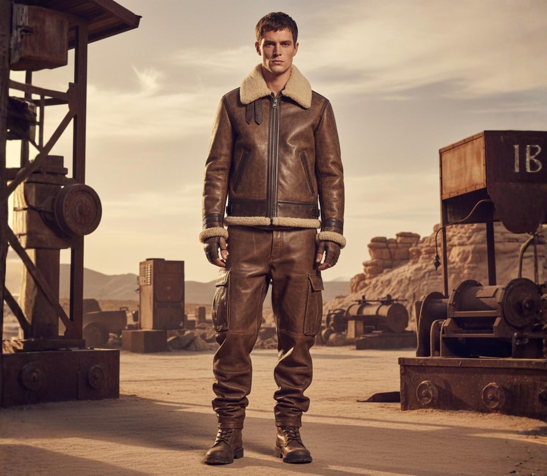 Genuine Brown Leather Aviator Outfit | Pilot Jacket & Pants Set for Men ...