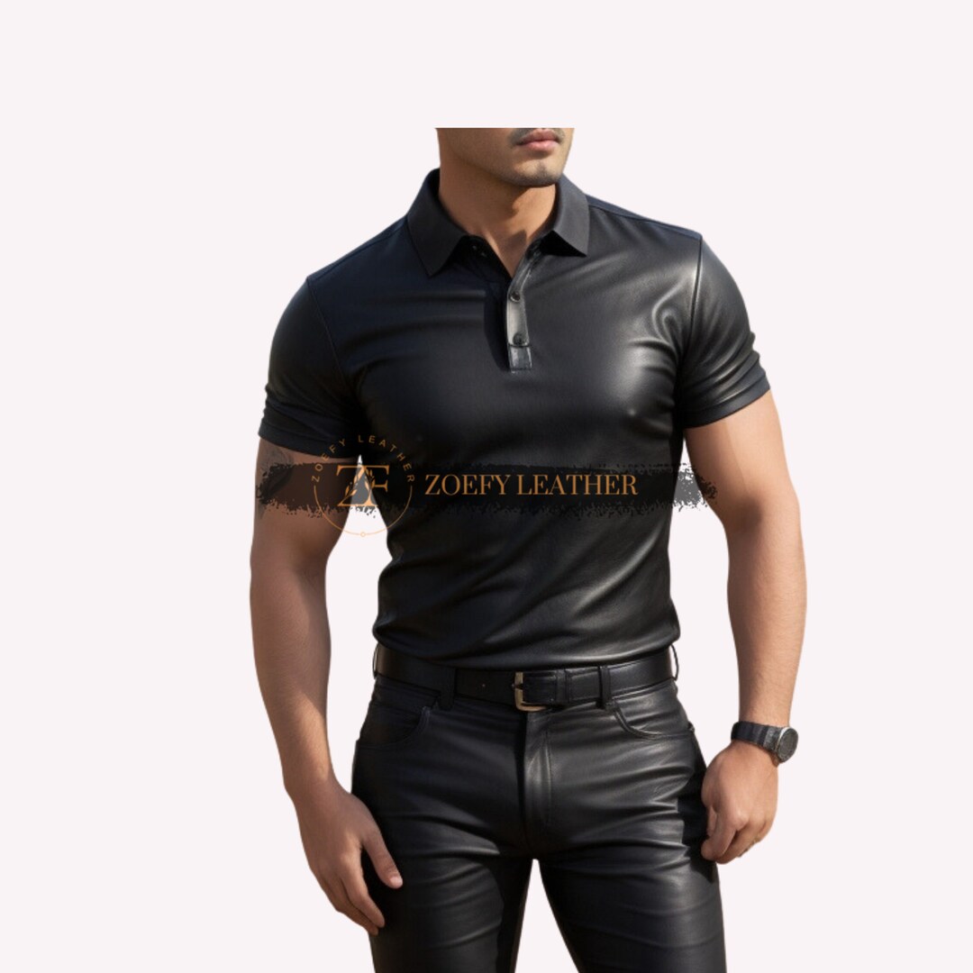 Real Sheep Leather Men Half Sleeve Shirt,handmade Slimfit Shirt,black ...