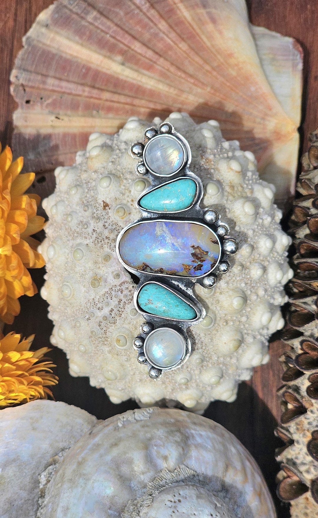 Calypso Australian Opal, Moonstone, Turquoise Statement Ring or Pendant ...