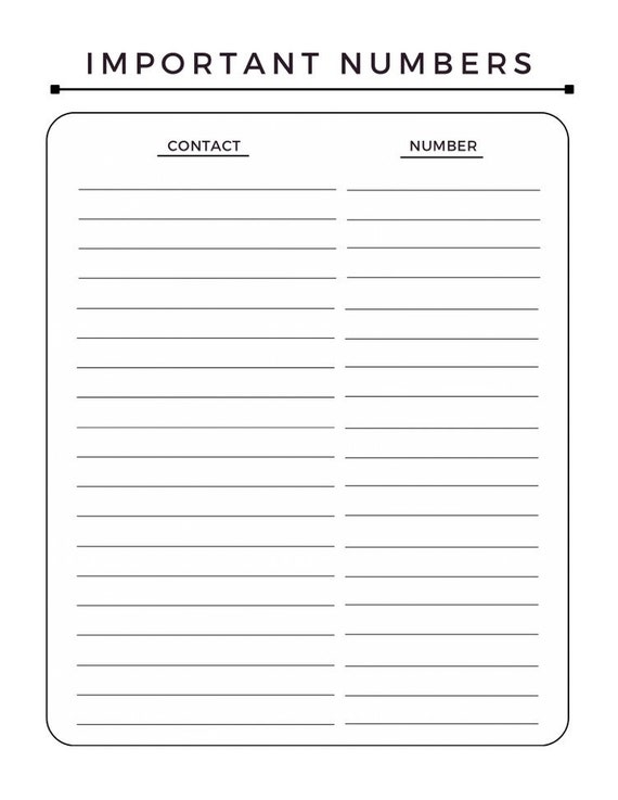 Planner Page Insert: Important Numbers Black and White - Etsy