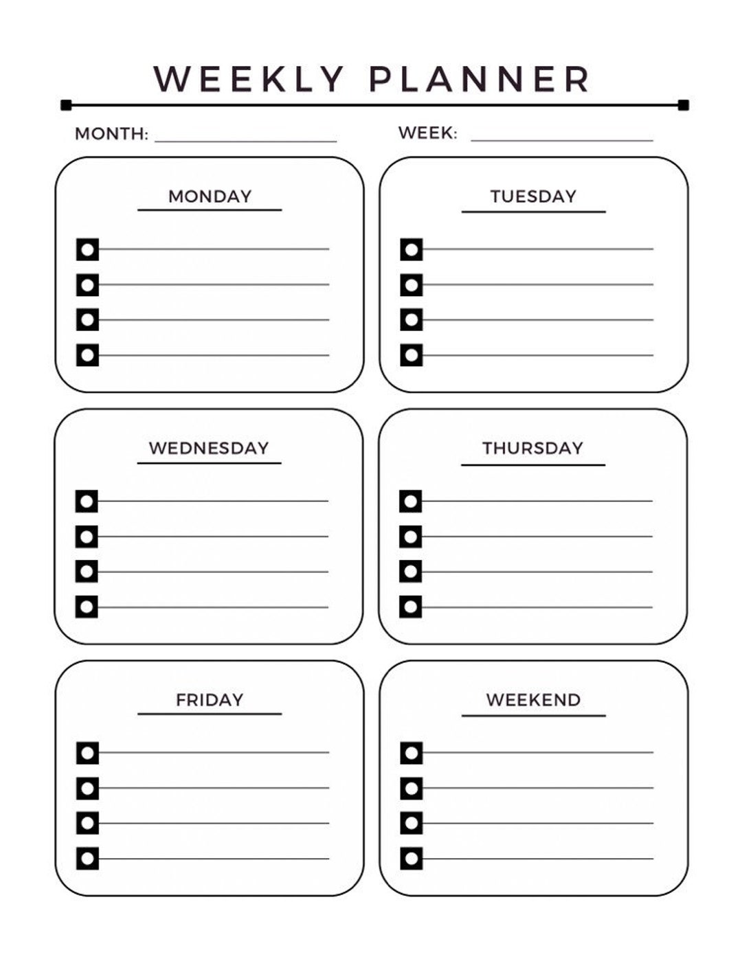 Planner Page Insert: Weekly Planner, Black and White, Instant Download ...