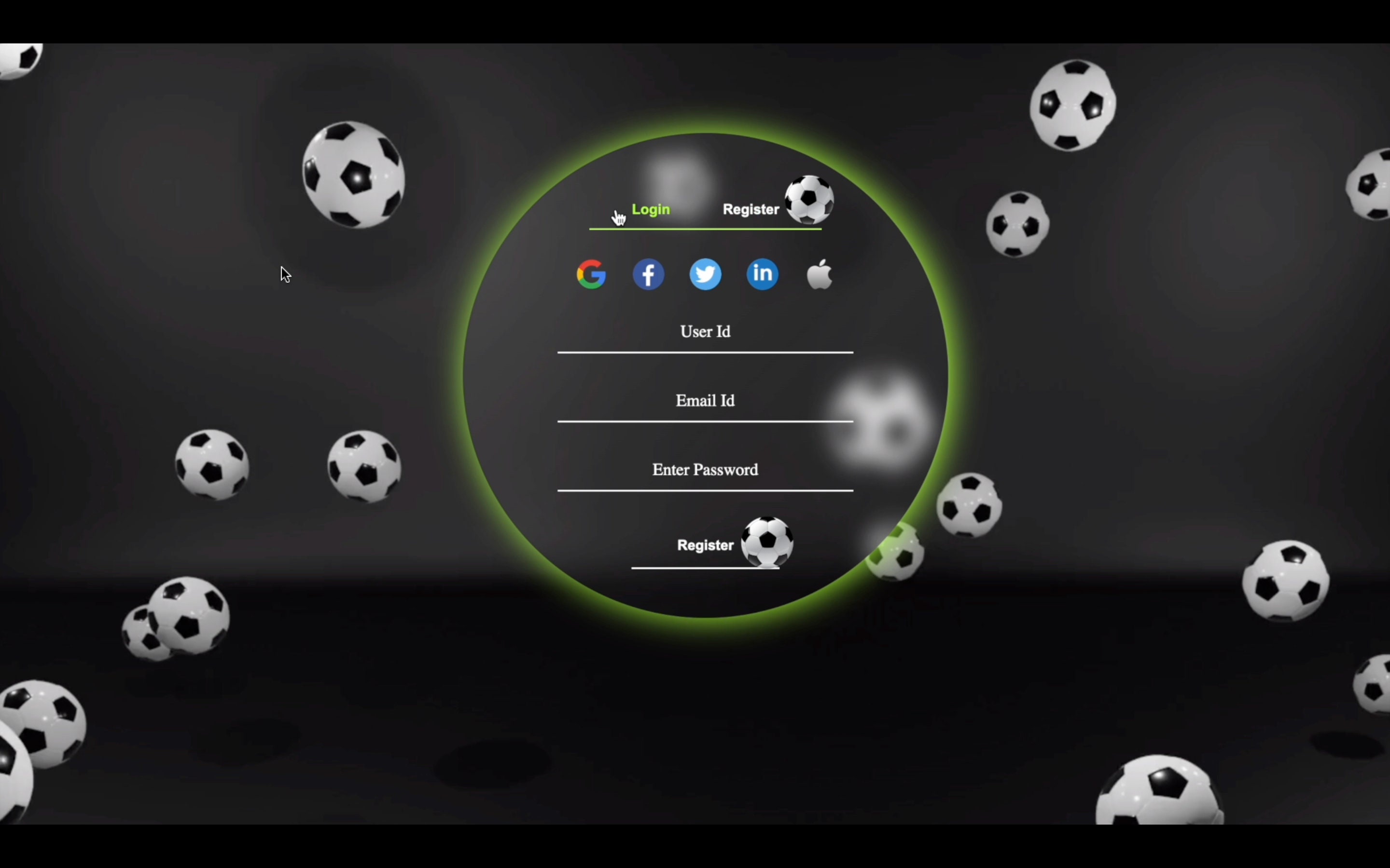 Footballs Login / Register Page in HTML , CSS , and Pure JAVASCRIPT ...