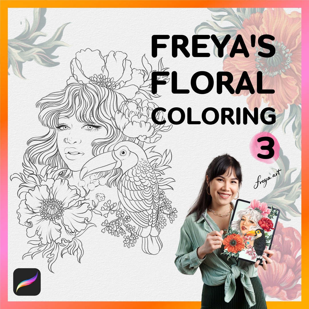 Procreate Girl and Toucan Coloring Page, Tropical Flowers Coloring ...