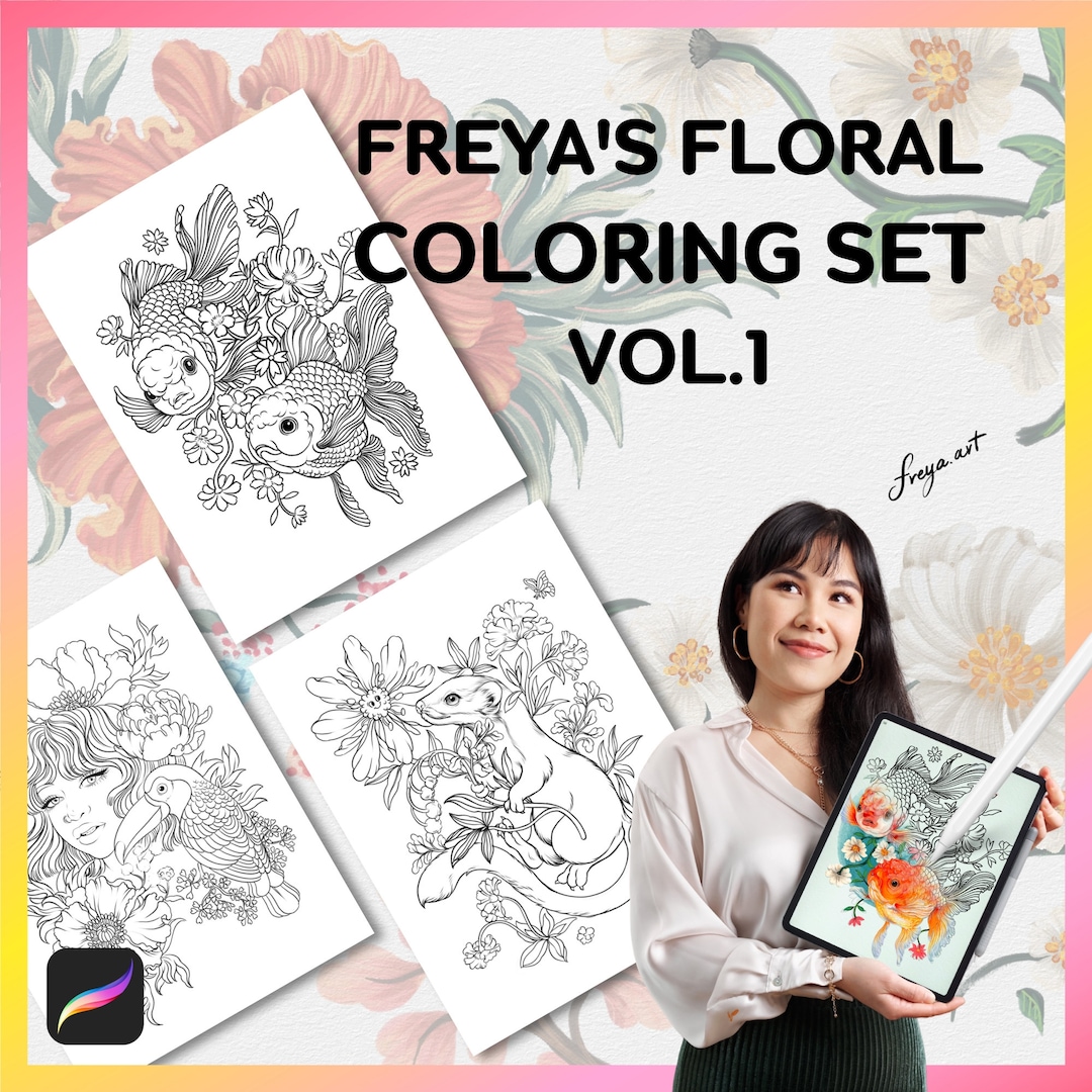 Procreate Cute Coloring Pages, Freya's Floral Coloring Set Vol. 1 ...