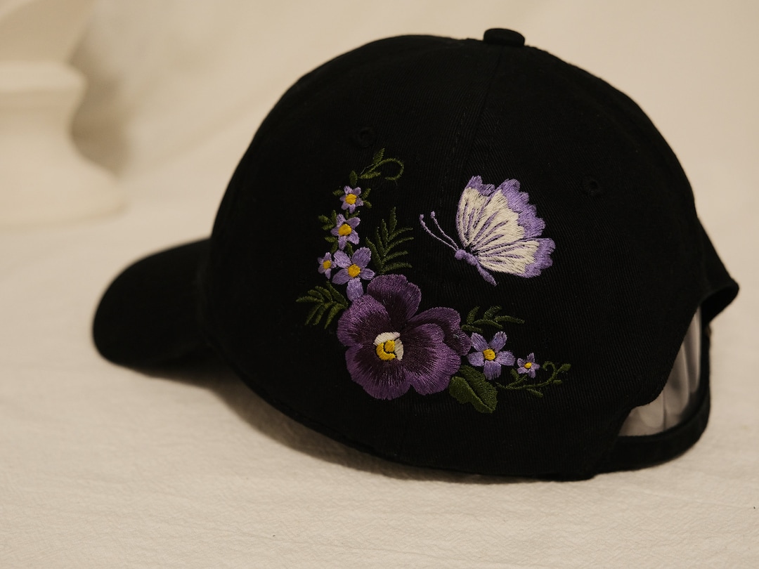 Embroidered Butterfly Baseball Cap: Purple Flowers, Personalized Cotton ...